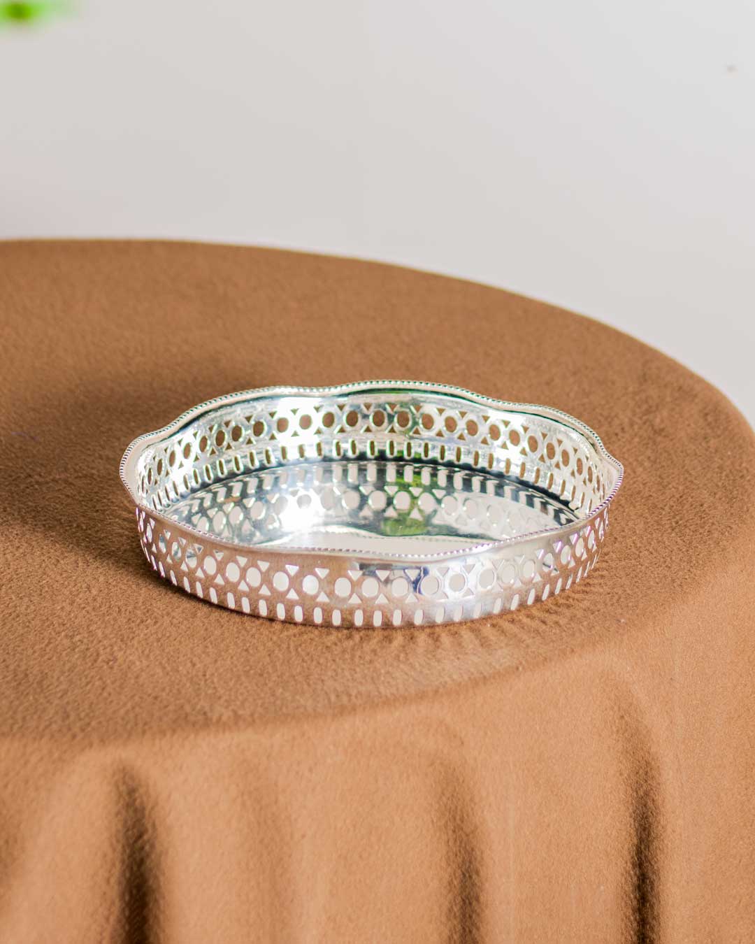 Oval Perforated Round Brass Tray - 8"