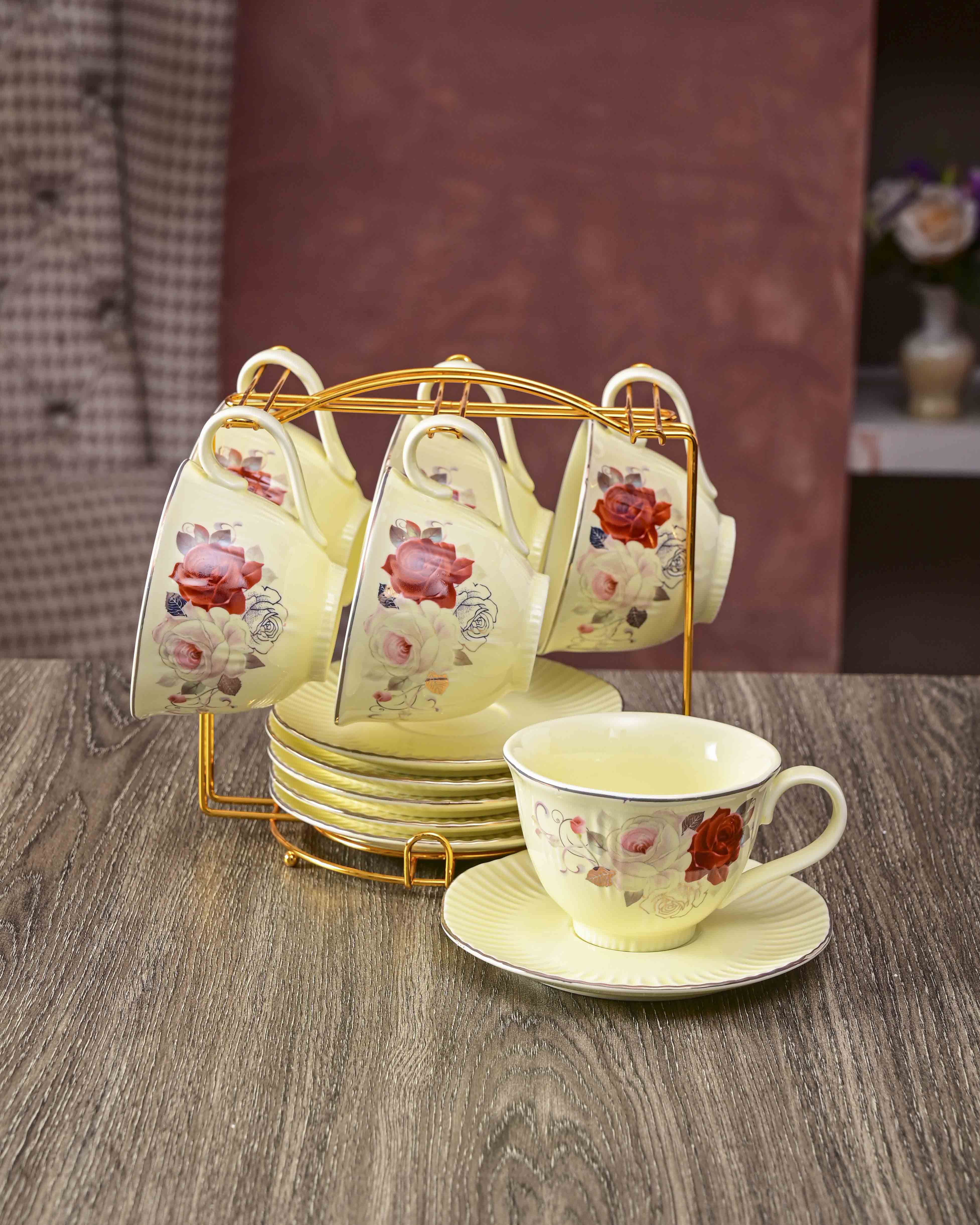Vintage Floral Embossed - 13 Piece Tea Set with Stand
